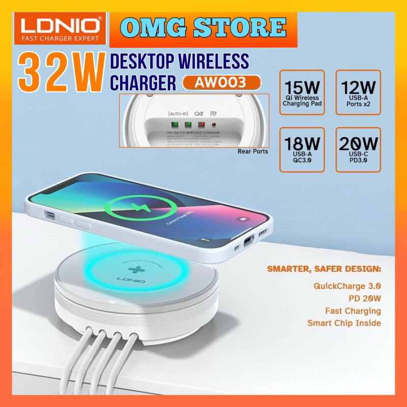 LDNIO AW003 32W PD TYPE-C + 3 USB PORTS DESKTOP WIRELESS 5 IN 1 FAST ...
