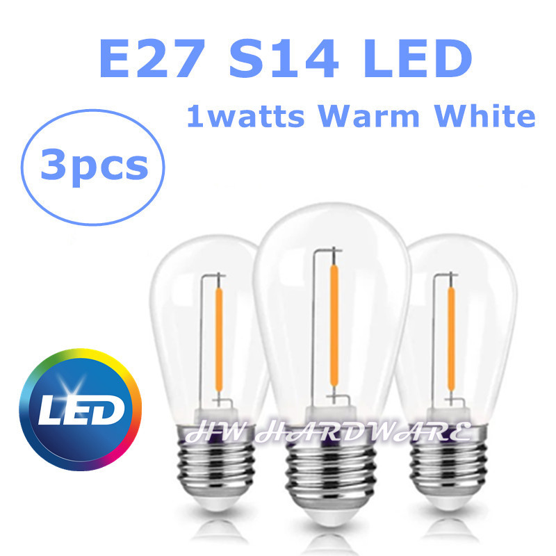 (3 Pcs) S14 Outdoor String Light Bulbs 1W E27 Base LED Filament Bulb ...