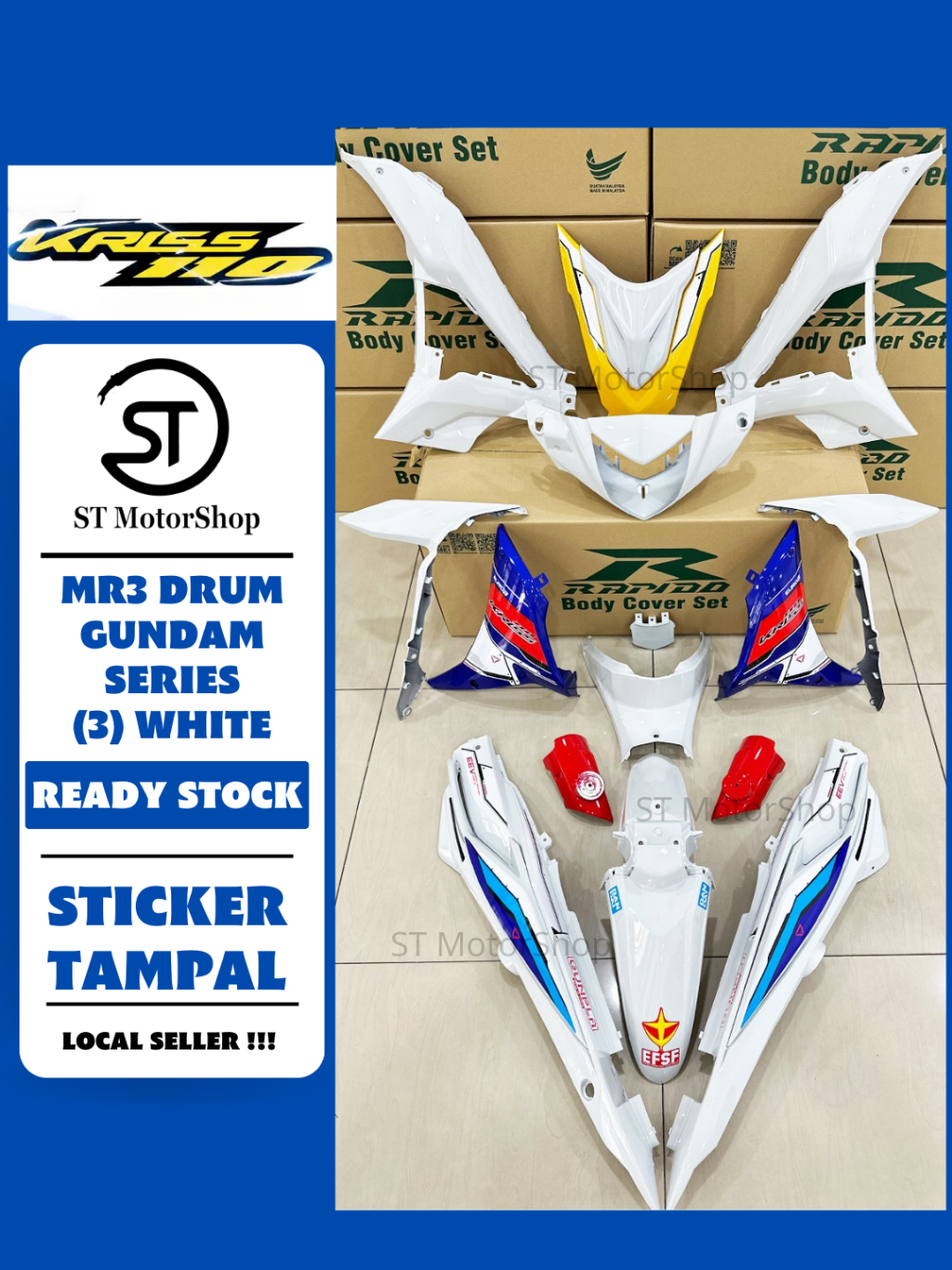 MODENAS Kriss 110 Mr3 Drum Disk Gundam Series (3) White Cover Set RAPIDO Coverset Sticker Tampal ...