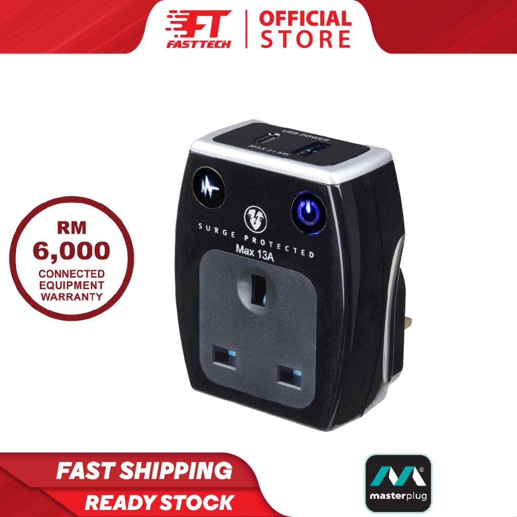 MASTERPLUG SRGAUAC22PB Surge Adapter with 1 Socket, USB A, Type-C Port ...