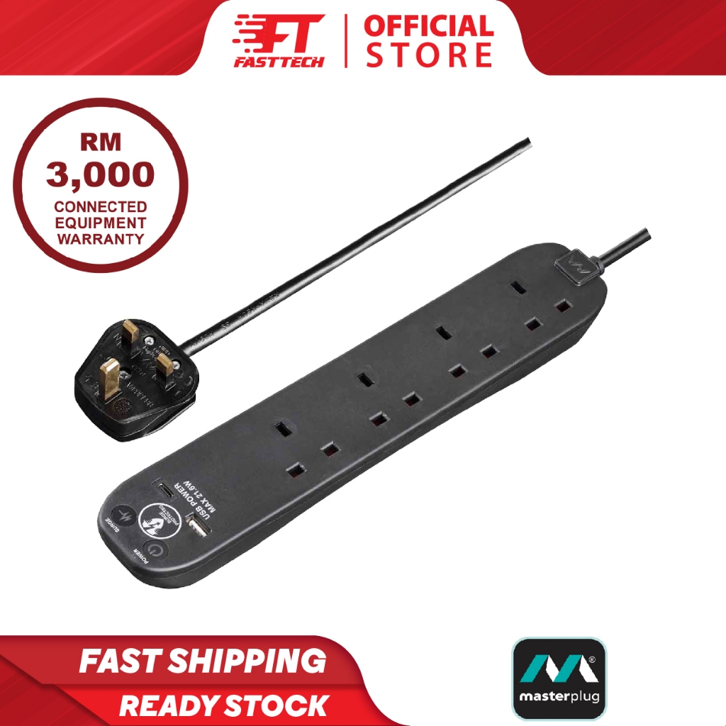 MASTERPLUG SRGUAC2242NB Surge Extension with 4 Socket, USB A, Type-C ...