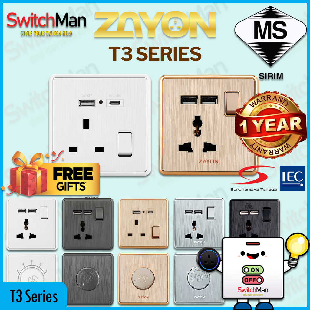 [SIRIM] ZAYON T3 Series Switch & Socket Suis Rumah 13A Flat Pin ...