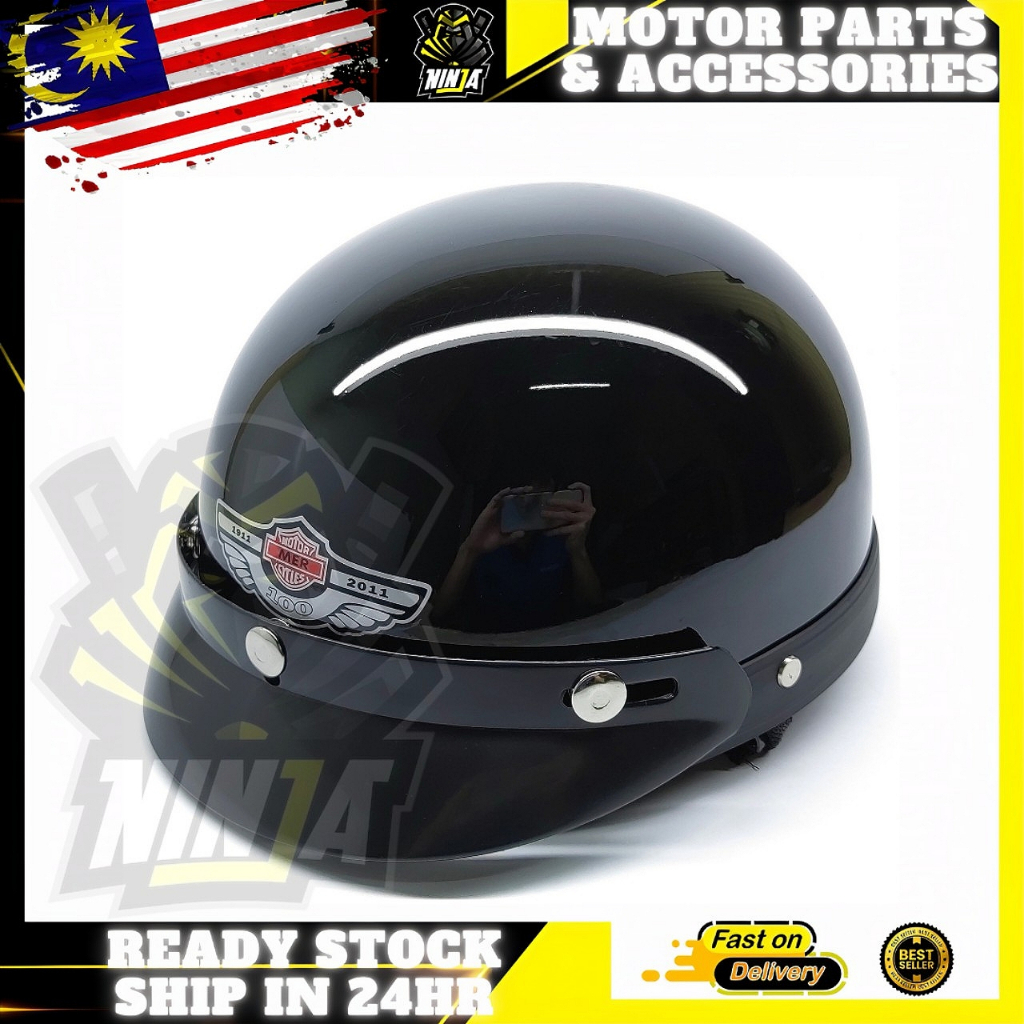 [MER] MOTORCYCLE HALF CUT HELMET COLOUR (BLACK) WITH VISOR CAP TOPI ...