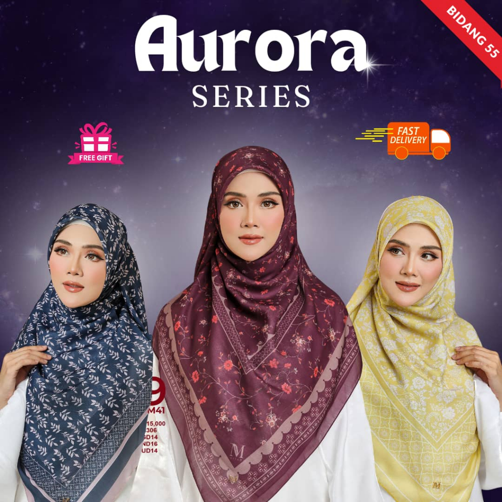 BIDANG 55' Aurora Series Minaz Hijab Bawal Printed Premium Cotton Voile | Shopee Malaysia