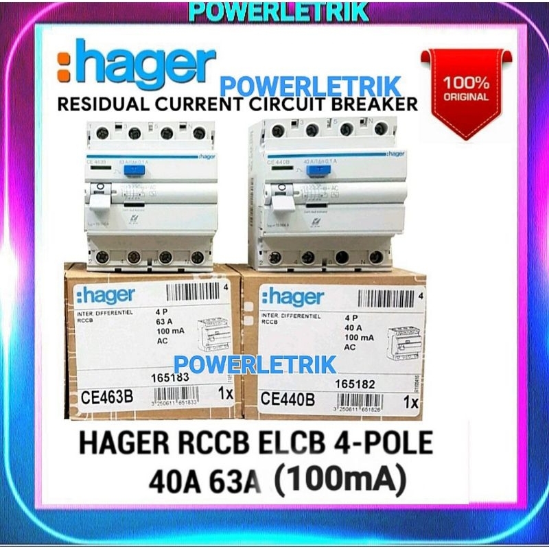 💯 ORIGINAL HAGER CE440B 4 POLE 40A 100mA & CE463B 4 POLE 63A 100mA RCCB ...