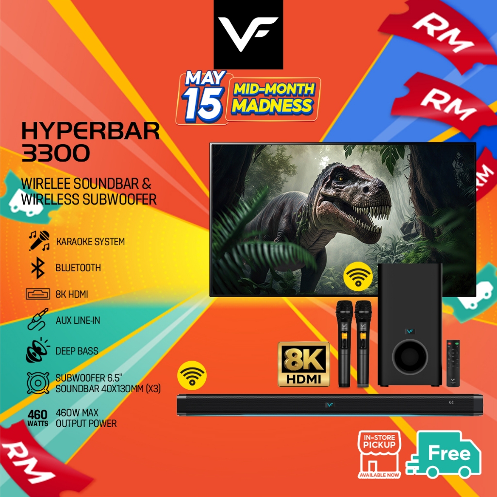 Vinnfier VF Hyperbar 3300 MAX 460W Home TV Karaoke Set Soundbar Speaker ...