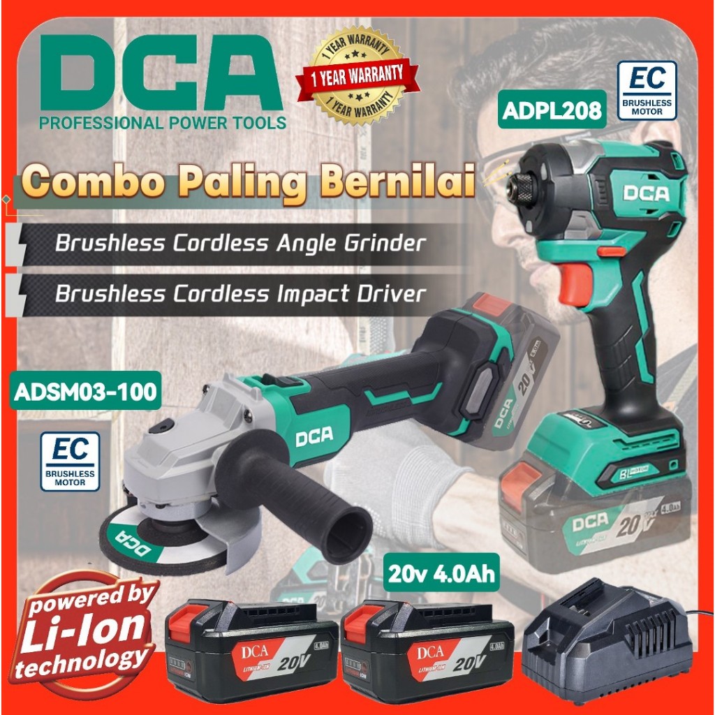 DCA ADKIT27 20v 4.0Ah Combo Set BrushLess Cordless Angle Grinder Impact ...