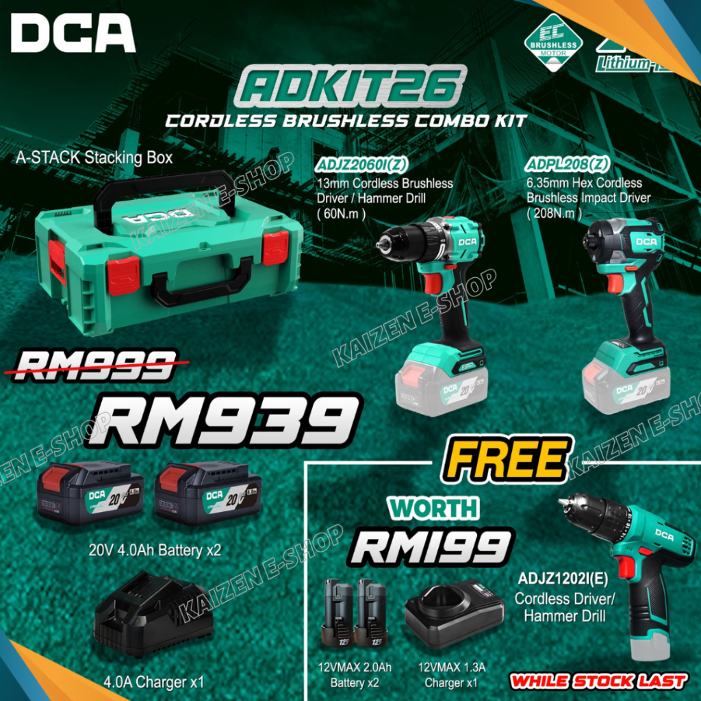 DCA ADKIT26 Cordless Brushless Combo Kit ADJZ2060i Hammer Drill + ADPL208 Impact Driver | Shopee ...