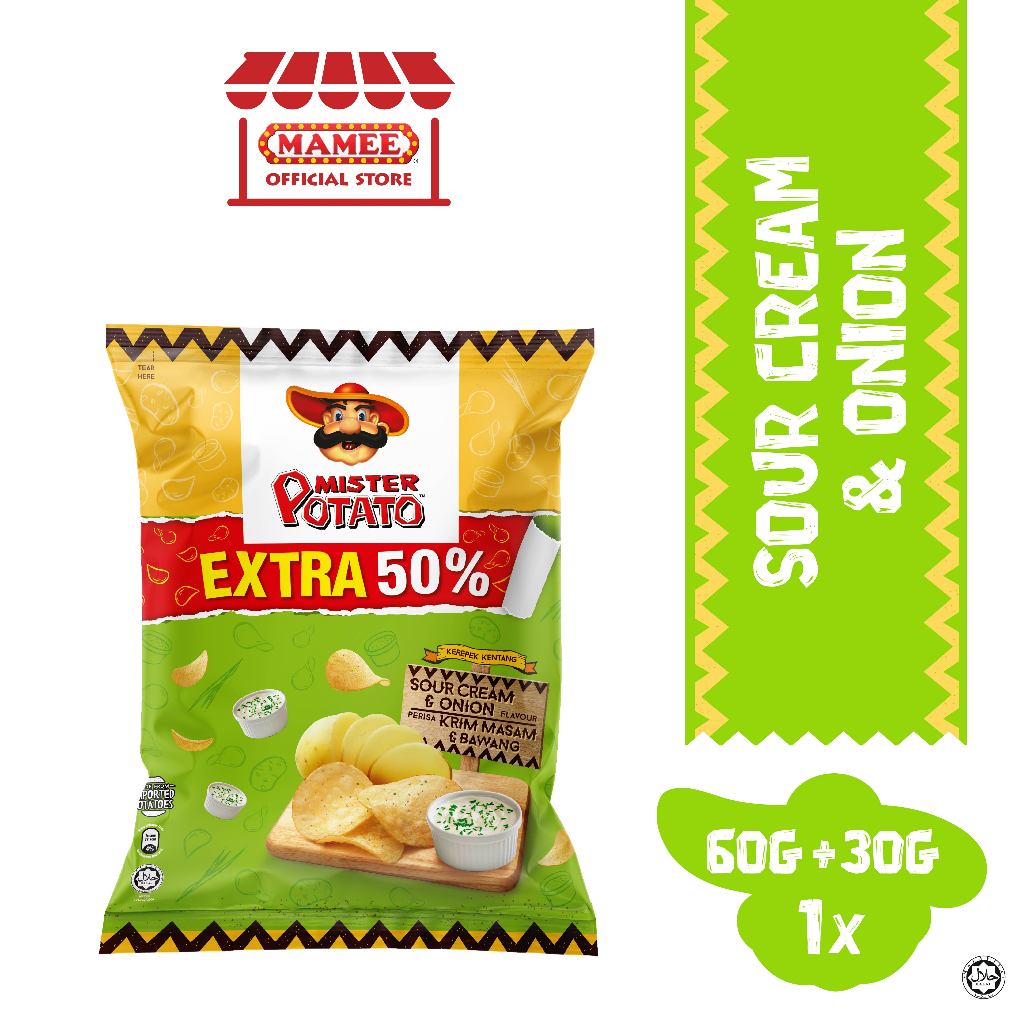 [Extra 30g] Mister Potato Chips Sour Cream & Onion (60g x 1 pack) | Shopee Malaysia