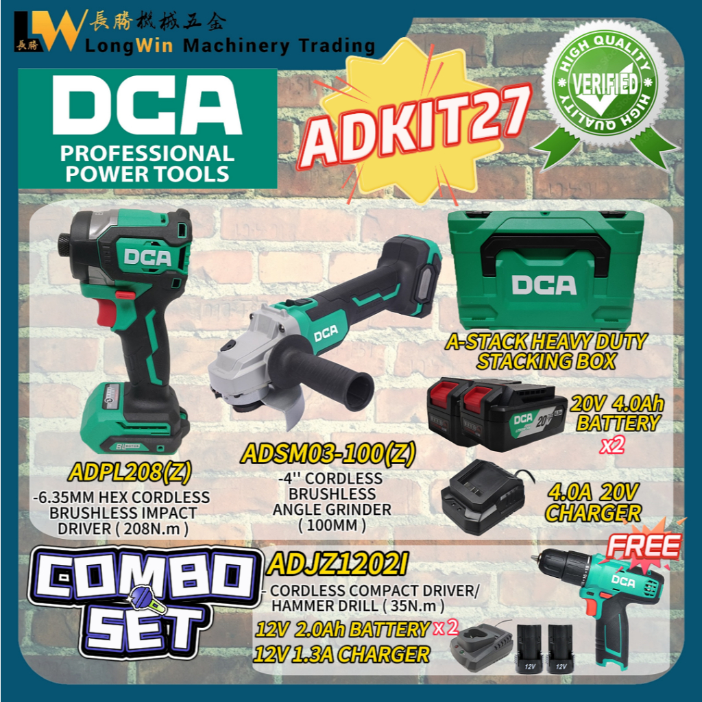DCA ADKIT27 Cordless Brushless Combo Kit ADSM03-100 (Z) 4'' Angle Grinder ADPL208(EM) Impact ...