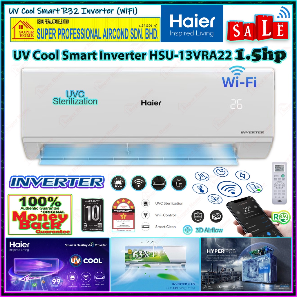 Haier 1.5hp Inverter Air Conditioner HSU-13VRA22 (WiFi) UV Cool Smart R32 5 Star Energy Rating ...