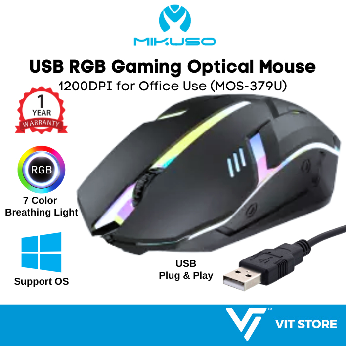 Mikuso Gaming Optical Mouse MOS-379U (1200DPi, RGB 7 Color Breathing Light with 1.5M Wired USB 2 ...