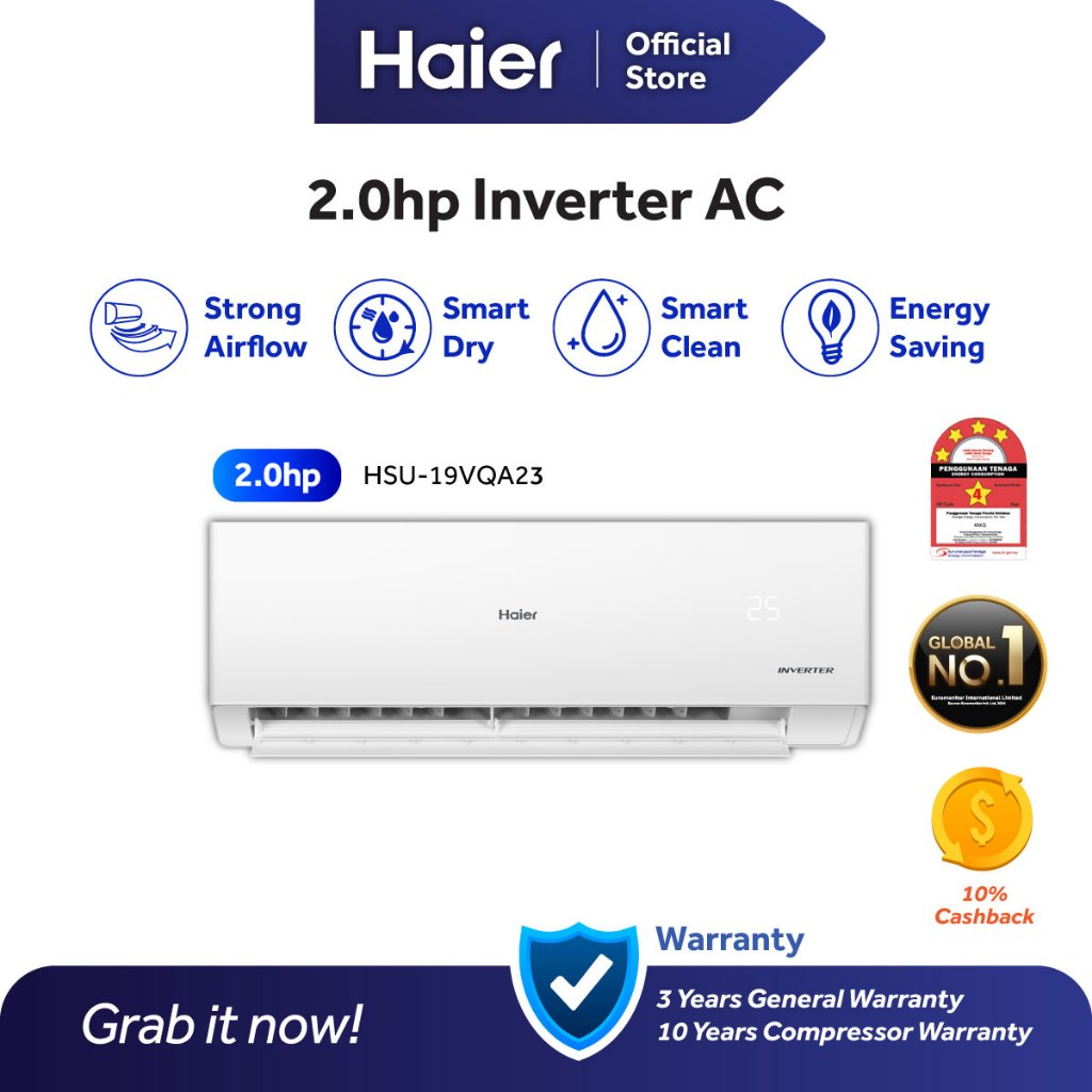 [4 Star] Haier 2.0HP Inverter Air Conditioner / Smart Clean & Dry / Anti Corrosion / I Feel ...