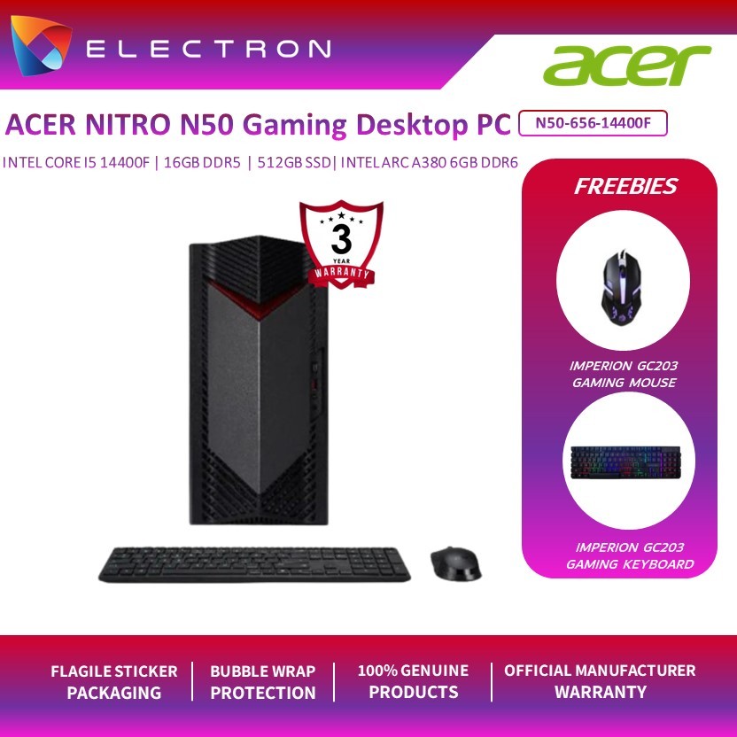 Acer Nitro N50-656-14400W11D Gaming Desktop PC (I5-14400F, 8GB, 512GB ...