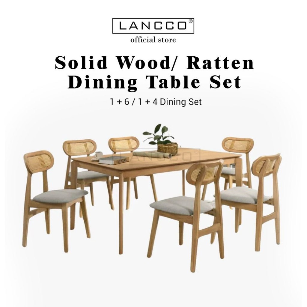 JAPANDI DINING SET SOLID WOOD/ RATTEN DINING TABLE SET/ SET MEJA MAKAN ...