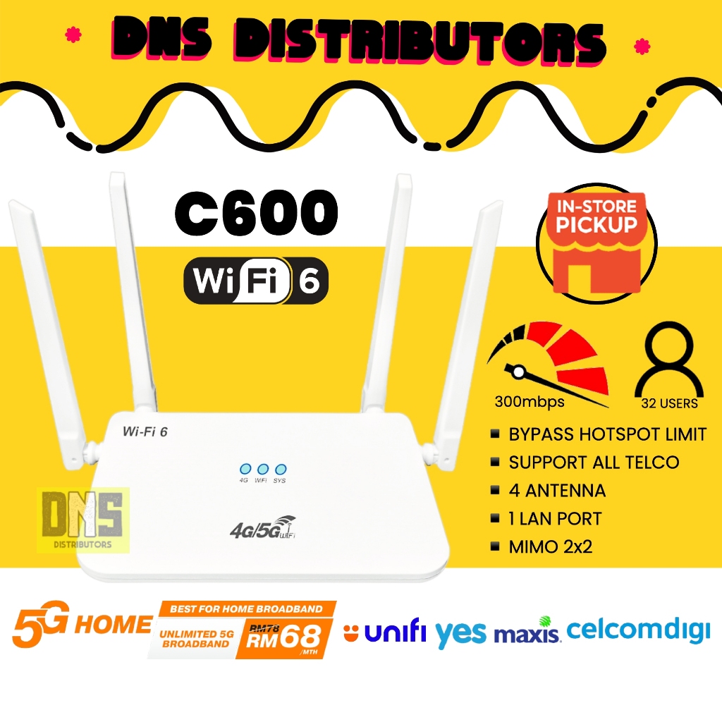 4G CPE Home Router C600 WiFi6 Modem Unlimited WiFi Internet Support All ...