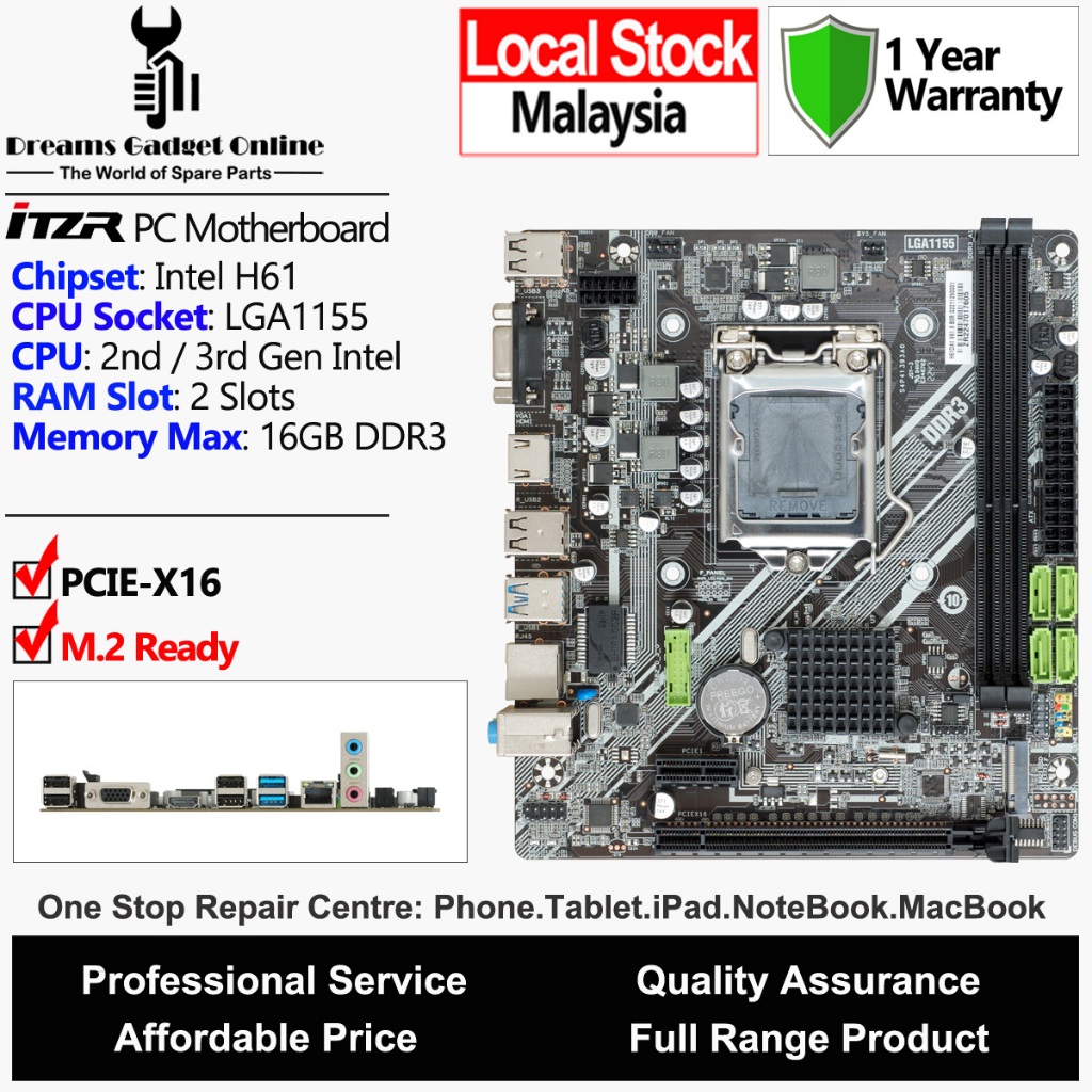 Esonic H61 Chipset LGA1155 M.2 Motherboard for Intel 2nd 3rd Gen i3 i5 i7 Pentium Celeron ...