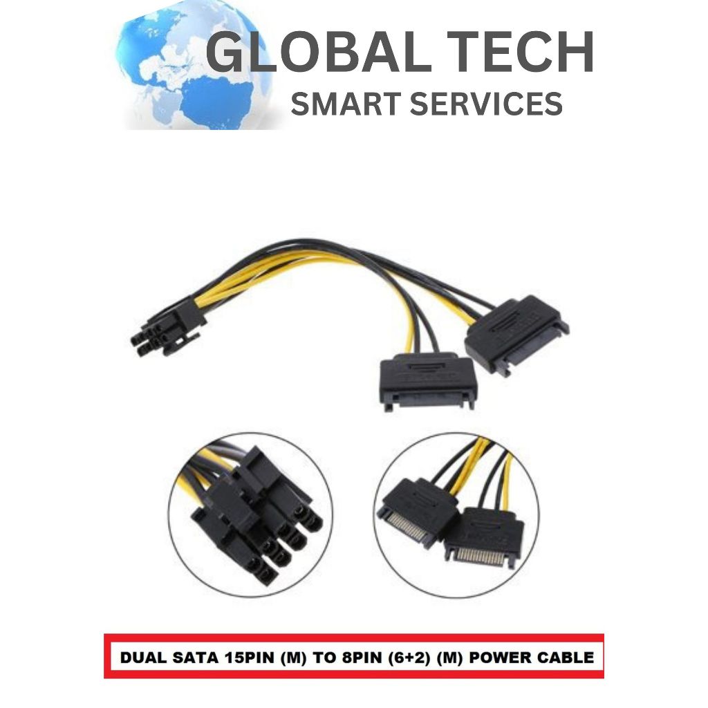 TINYTECH DUAL SATA POWER 15 PIN MALE TO 8 PIN (6+2) PCI-E MALE FOR GPU ...
