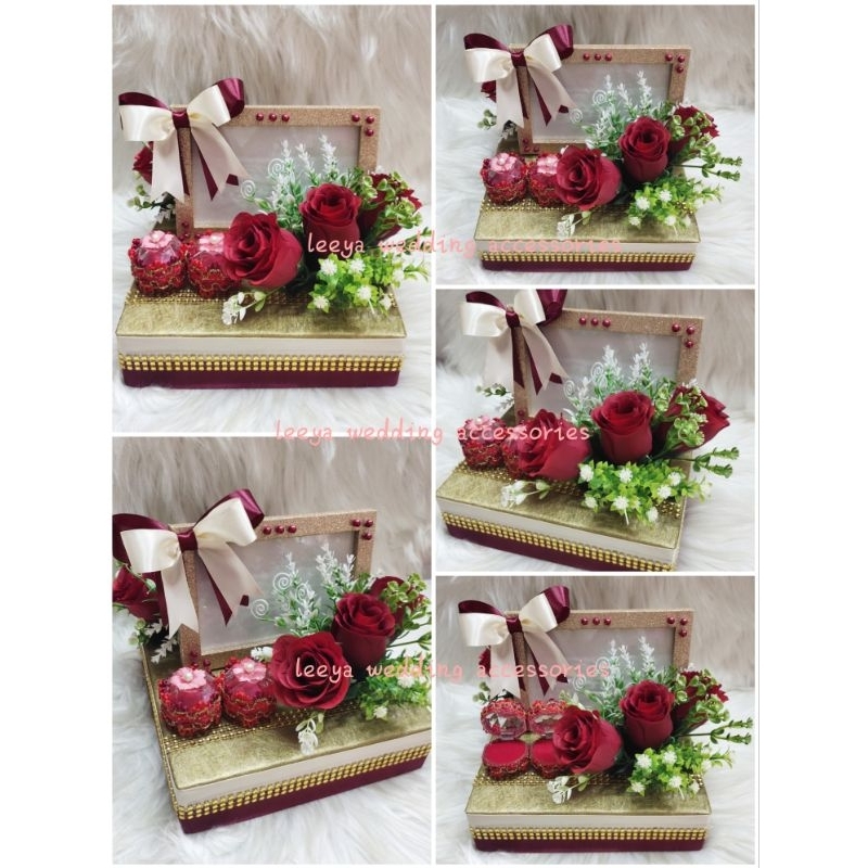 gubahan frame mas kahwin c/w 2pc bekas cincin-maroon cream gold ...