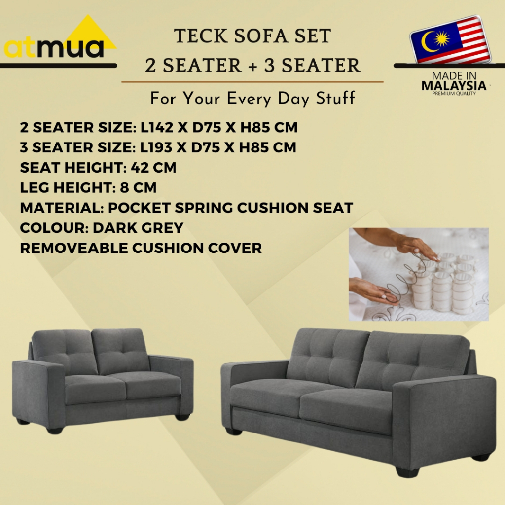 Atmua Teck Sofa Set 2 Seater + 3 Seater Pocket Spring Cushion Sofa ...