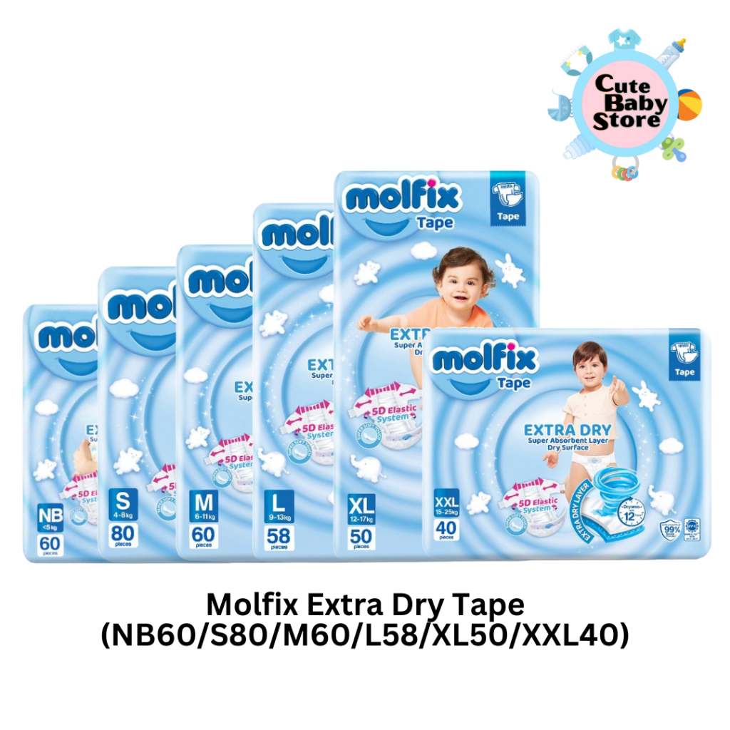 Molfix Extra Dry Tape Diaper - NB60/S80/M60/L58/XL50/XXL40 (1 Pack ...