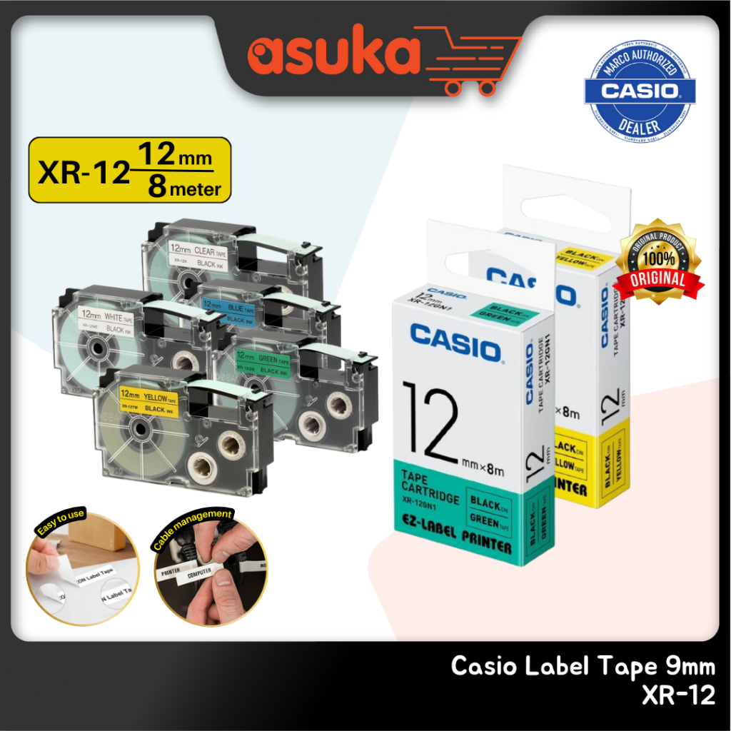 [ORIGINAL] Casio XR-12 12mm EZ-label Tape Cartridge / Optional XR-12X1 XR-12WE1 XR-12YW1 Genuine ...