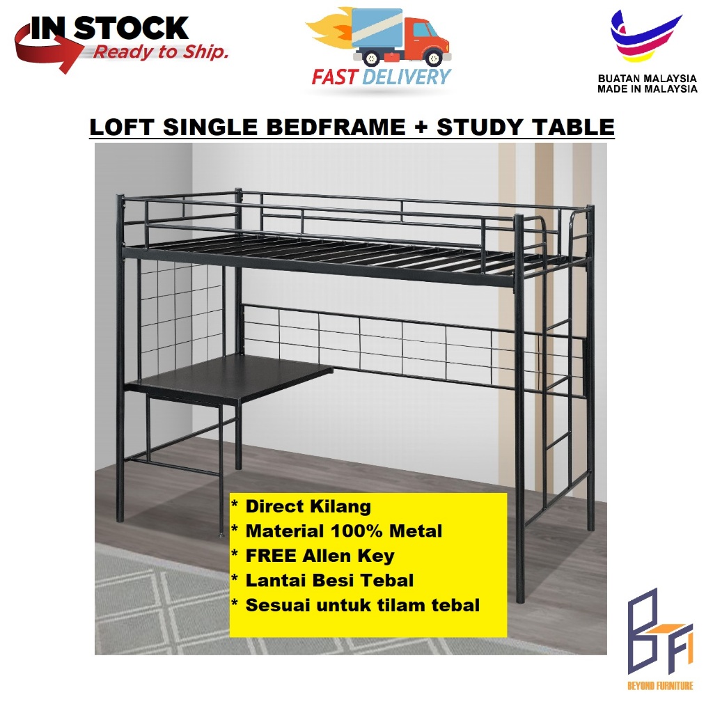 [READY STOCK KEDAH] Loft Single Size Metal Bedframe with Study Table ...