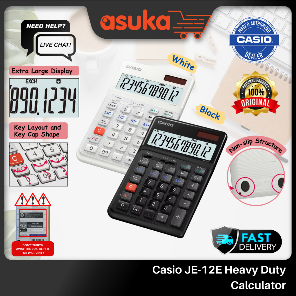Casio JE-12E Extra Large Display Ergonomic Heavy Duty Calculator Black ...
