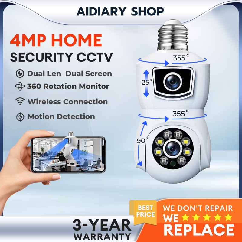 Dual Lens 4MP CCTV Camera WiFi Wireless Outdoor E27 Bulb Color & IR ...