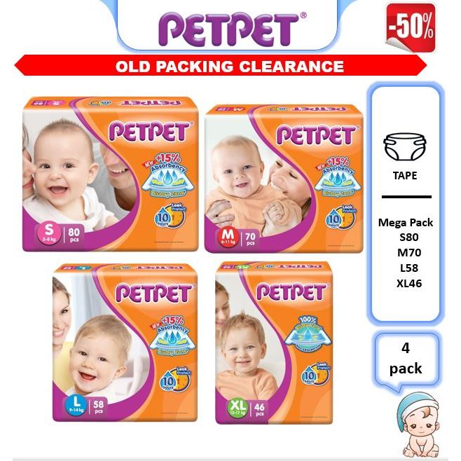 {Hot Deal!RM16.15/pack}PetPet Tape Gold Diaper Mega Pack - S76+4/M64+6 ...