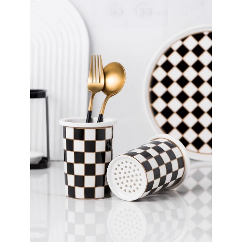 Nordic Chessboard Checkered Black White Grid Ceramic Cutlery utensil ...
