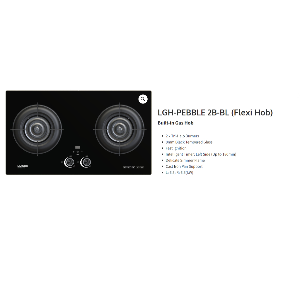 LIVINOX LGH-PEBBLE 2B-BL (Flexi Hob) Built-in Gas Hob 6.5kW 8mm Black ...