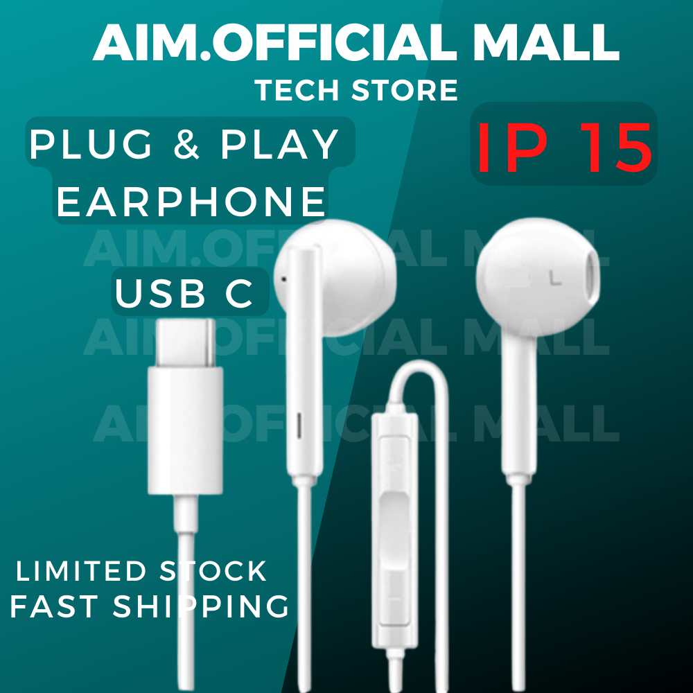 AIM. USB C Earphone Wired Stereo With Volume adjustment Mic Plug and ...