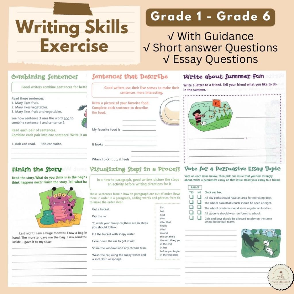 English Writing Skills Exercise/Worksheet (Grade 1-6) Essay Writing, Reading, Proofreading {With ...