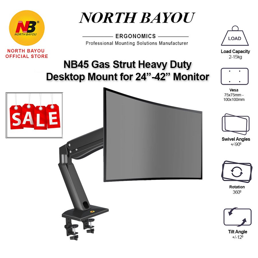 North Bayou NB45 Gas Strut Heavy Duty Monitor Arm Mount Support Monitor ...