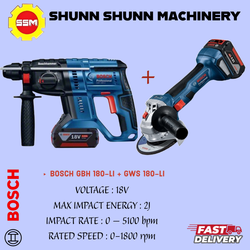 BOSCH [COMBO] GBH 180-LI + GWS 180-LI CORDLESS ROTARY HAMMER & ANGLE GRINDER | Shopee Malaysia