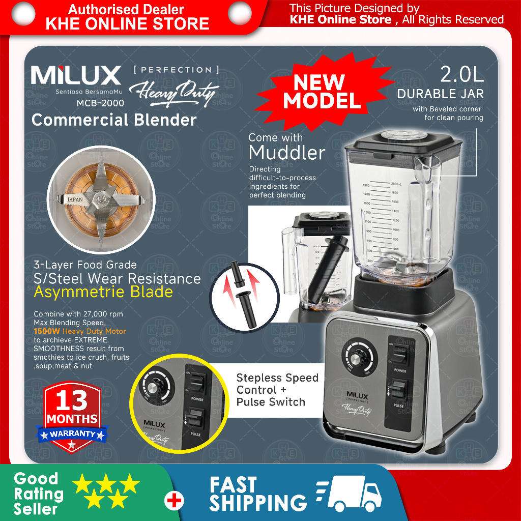 Milux Heavy Duty Commercial Nutrition Power Blender MCB-2000 2L Can Ice ...