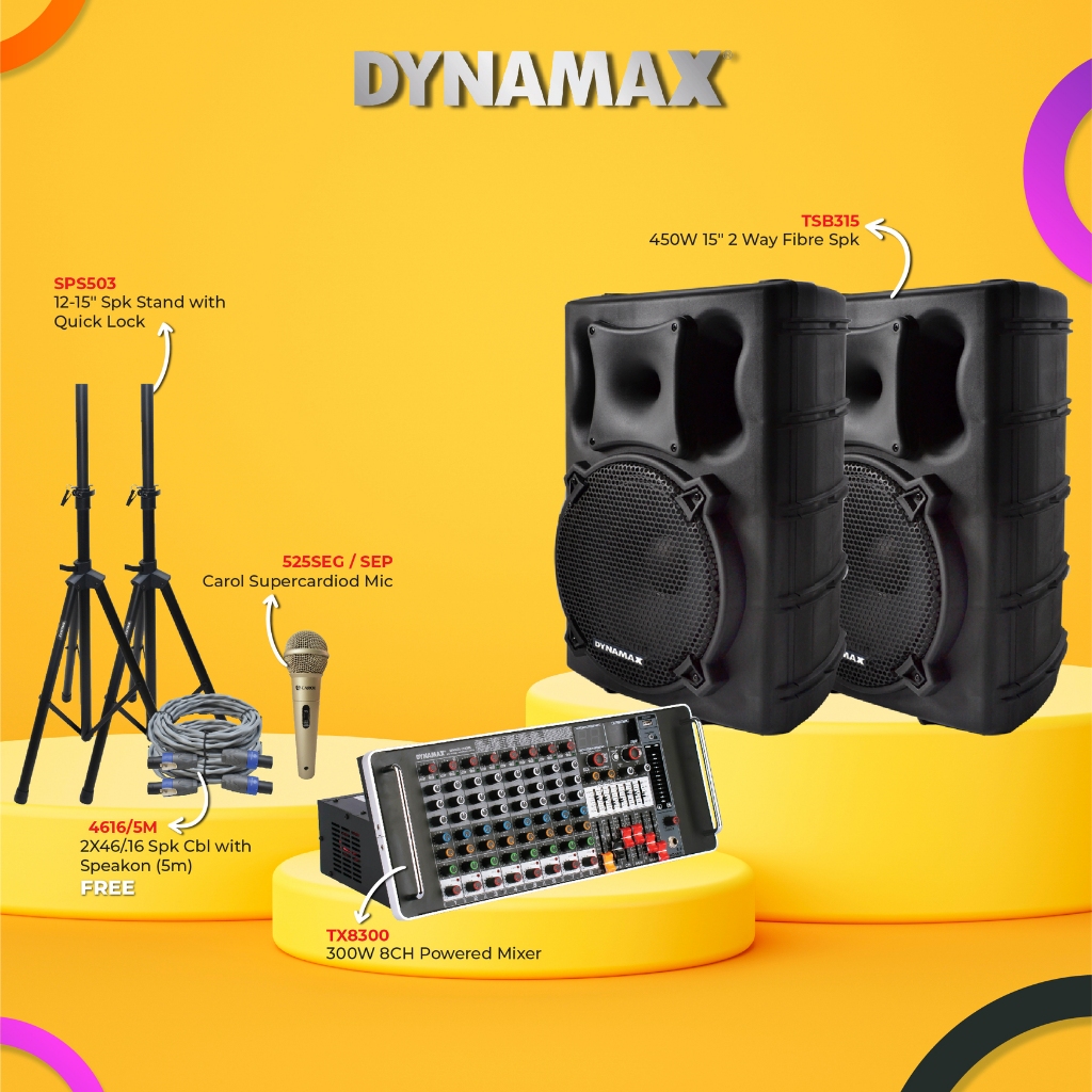 DYNAMAX Sound System Set DYNAMAX TX8300 8-Channel 300W x 2 Powered Mixer, DYNAMAX TSB315 15" 2 ...