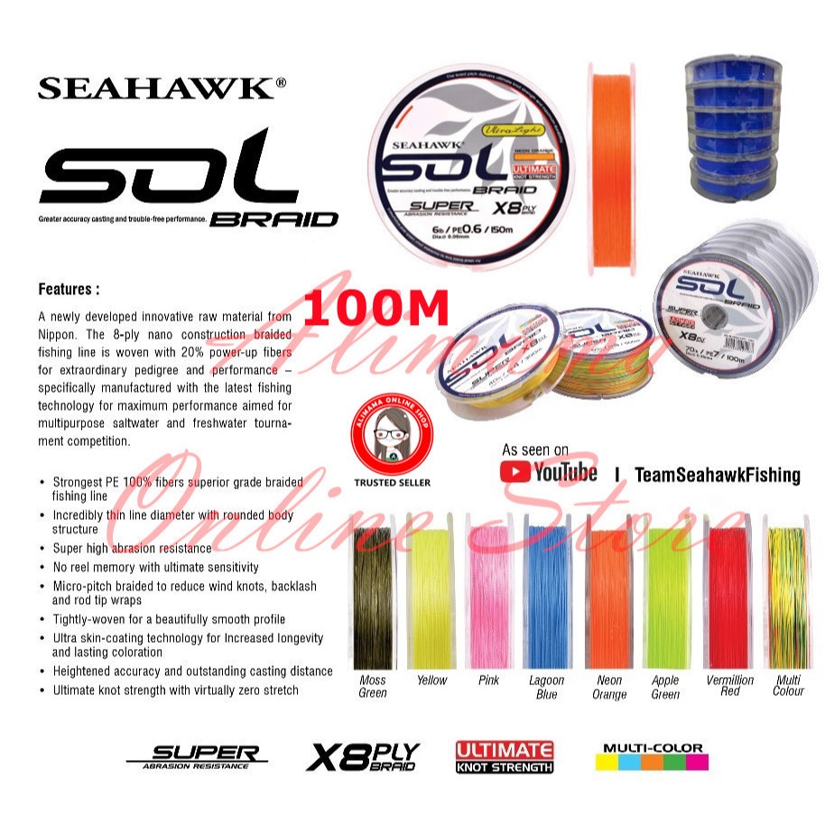 SEAHAWK 100M SOL BRAID X8 PLY FISHING LINE PINK / VERMILLION RED / DARK ...