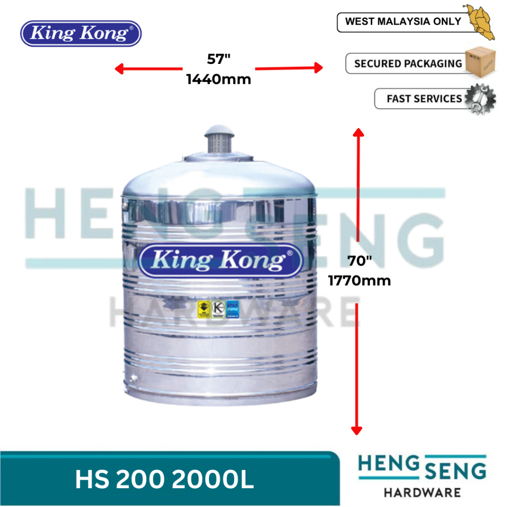 KINGKONG HS 200 2000L 450G SS304 WATER TANK (57D x 70H) KING KONG ( NO ...