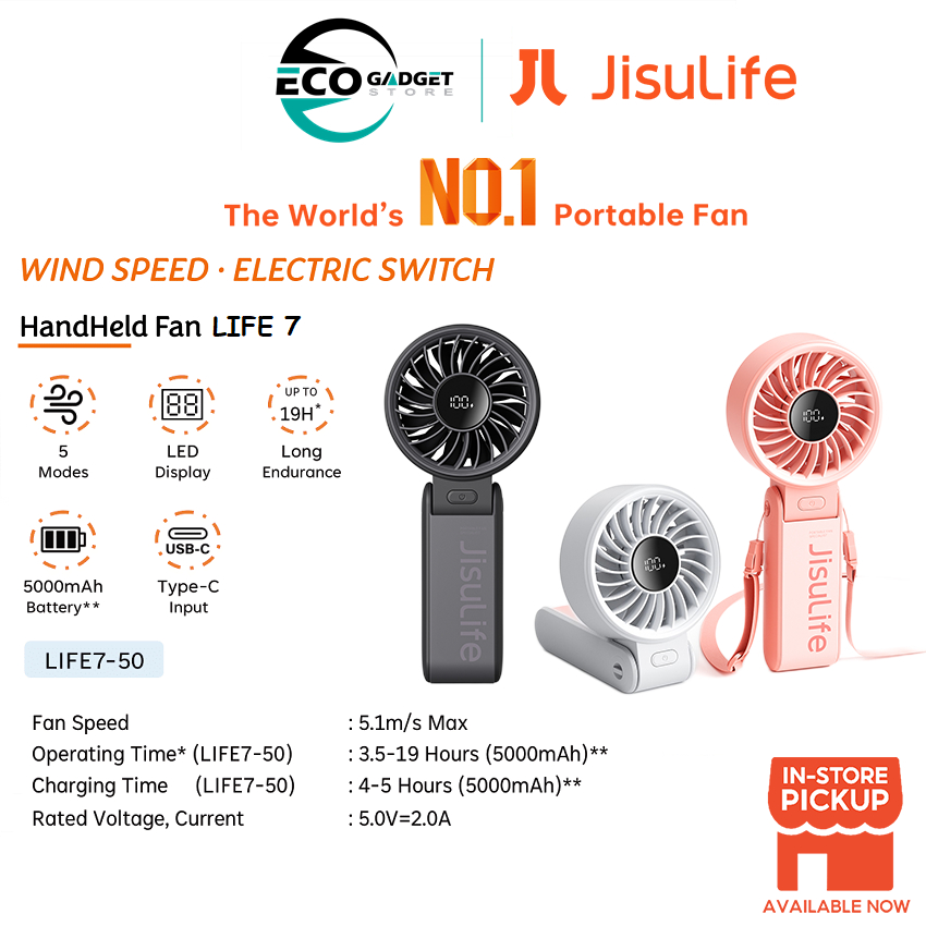 JISULIFE Handheld Fan Life7 5000mAh LED Display Multi-Angle with Strong ...