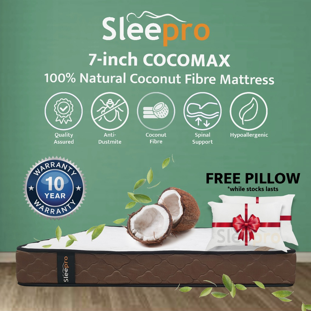 Sleepro 7-Inch Cocomax 100% Natural Coconut Fibre Mattress (Single / Super Single / Queen / King ...