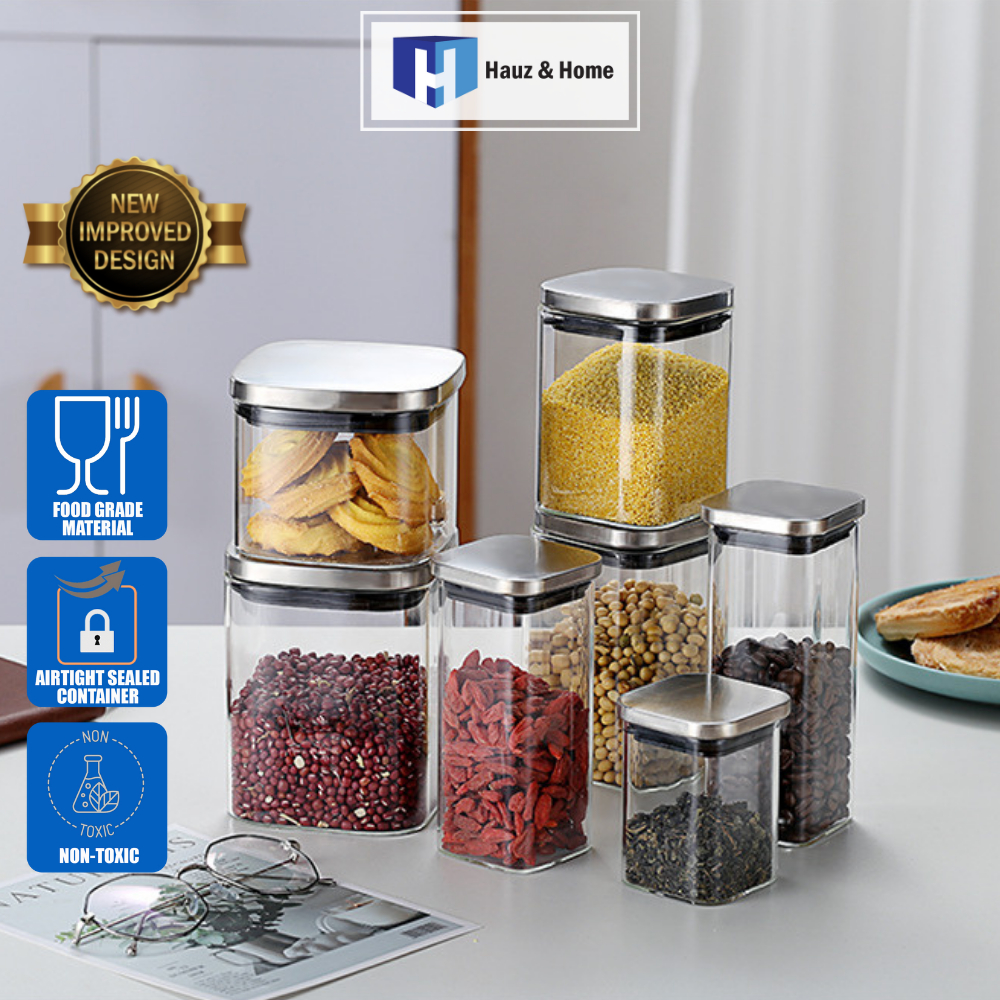 Glass Food Storage Airtight Container Jar Stainless Steel Lids 800ml ...