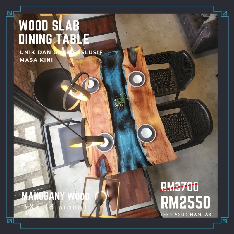 Meja makan kayu balak / dining table wood slab / River Dining Table ...