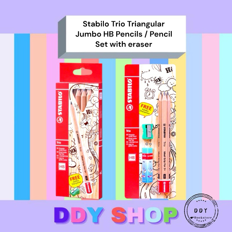 Stabilo Trio Triangular Jumbo HB Pencils / Pencil Set with eraser ...