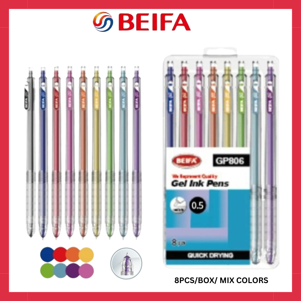 BEIFA (8PCS/PER BOX/MIX COLORS) Gel Ink Pen 0.38mm For School Office ...