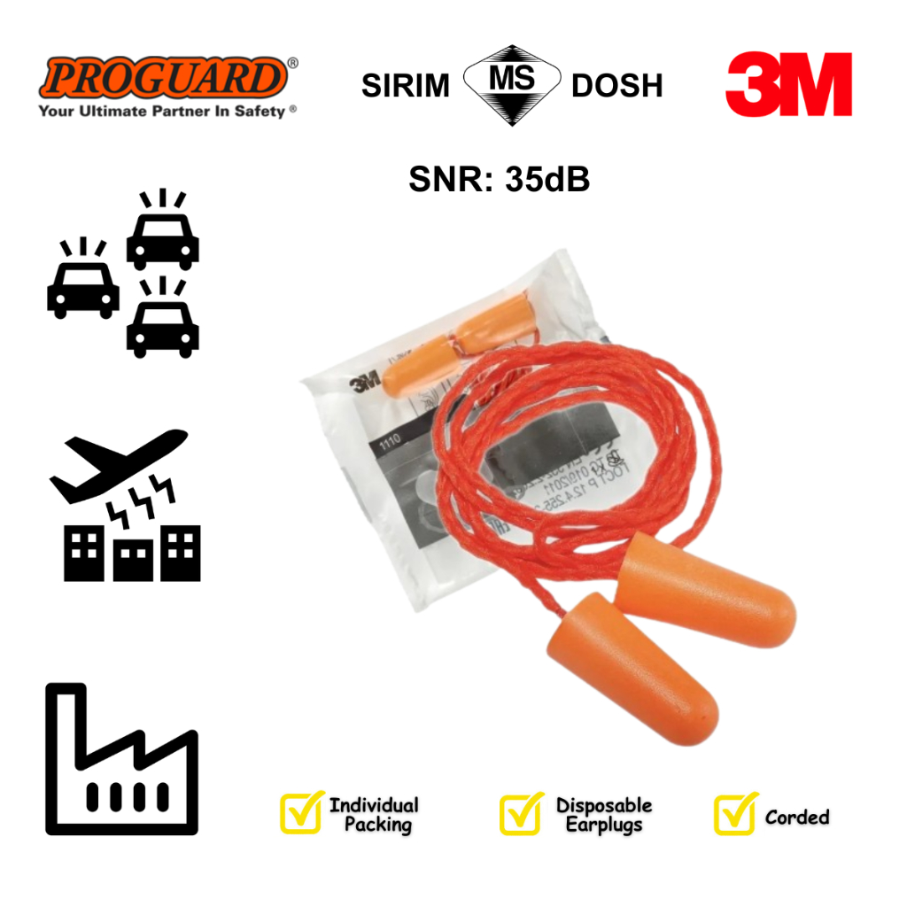 (5 Prs/Pck) SNR 35dB 3M 1110 Corded Disposable Earplug Noise Reduction ...