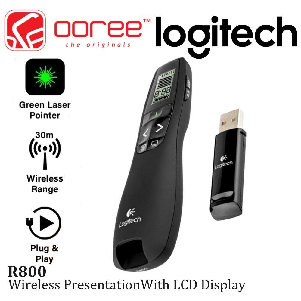 LOGITECH R800 LASER PRESENTER POINTER GREEN 2.4GHZ WITH LCD DISPLAY FOR TIME TRACKING / UP TO ...