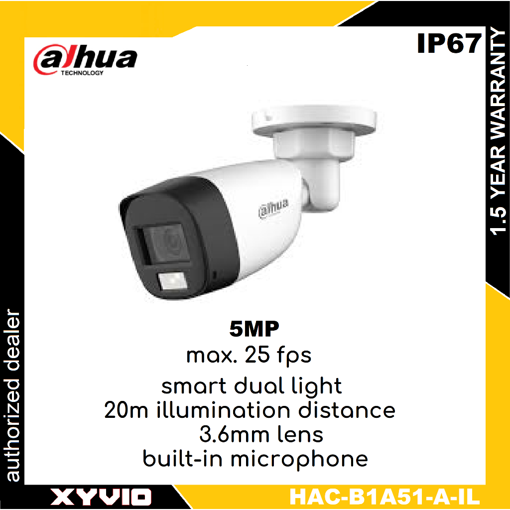 DAHUA HAC-B1A51-A-IL Analog 5MP Fixed 3.6mm Lens Built-in Mic 4 IN 1 Smart Dual Light HDCVI ...