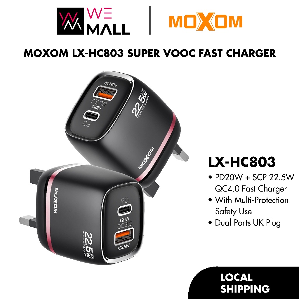 MOXOM PD20W + SCP 22.5W QC4.0 Dual Port Fast Charger UK Plug 3 Pin VOOC LX-HC803 | Shopee Malaysia